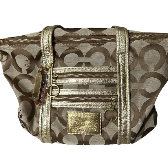 Coach | Bags | Coach Poppy Brown And Gold Monogrammed Canvas Leather ...